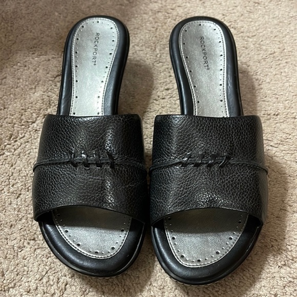 Rockport | Shoes | Rockport Black Leather Sandals Slides In 9w | Poshmark